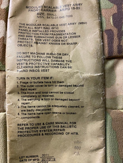 KDH Multicam ARMY Modular Scalable Vest (SPS-MSV), W/3A SOFT ARMOR ...
