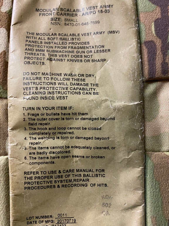 KDH Multicam ARMY Modular Scalable Vest (SPS-MSV), W/3A SOFT ARMOR ...