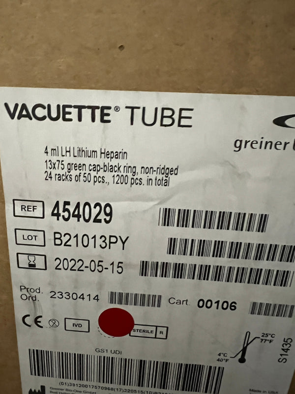Vacuette 454029 4ml Tubes Non-Ridged Case 1200 New Sealed ...
